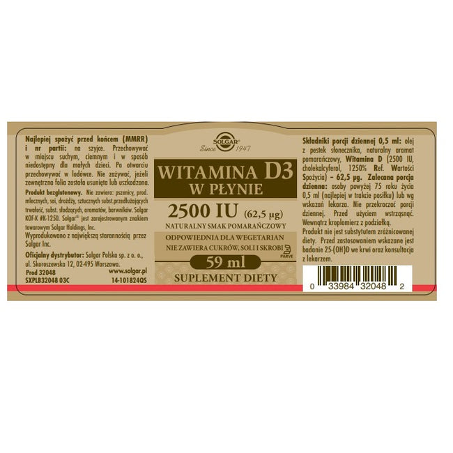 Solgar Witamina D3 w płynie 2500 IU suplement diety 59ml – cena: 59,00 ...